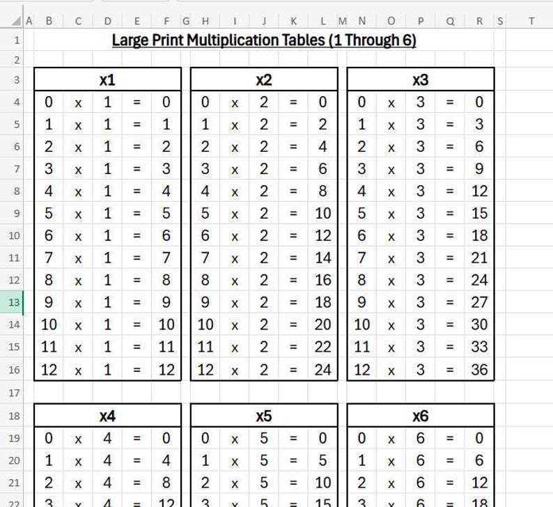 Large Print Multiplication Tables 1 Through 12 - Etsy