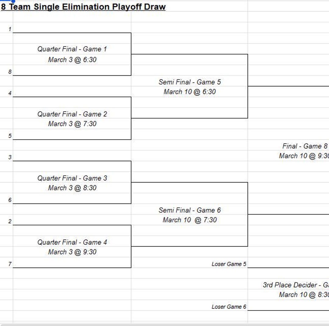8 Team Single Elimination Excel Spreadsheet Playoff Draw - Etsy