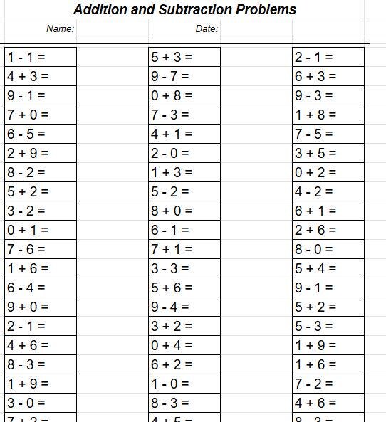 Math Addition and Subtraction Worksheet, Single Digit Questions That ...