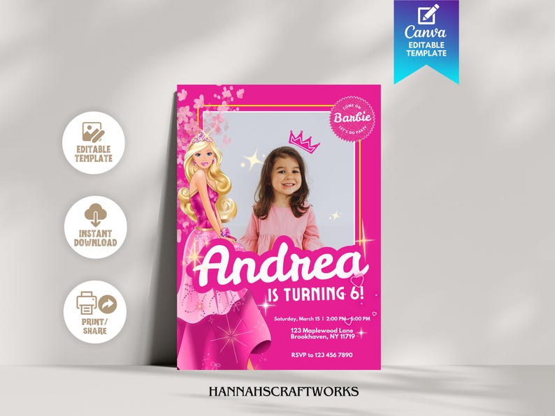 Editable Barbie Themed Birthday Invitation, Fashion Doll Party Invite ...