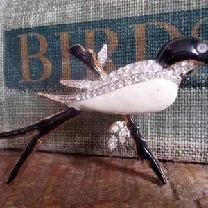 Vintage Gold Black and White Enameled Rhinestone Sparrow Pin - Etsy