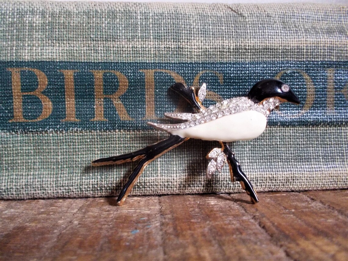 Vintage Gold Black and White Enameled Rhinestone Sparrow Pin | Etsy