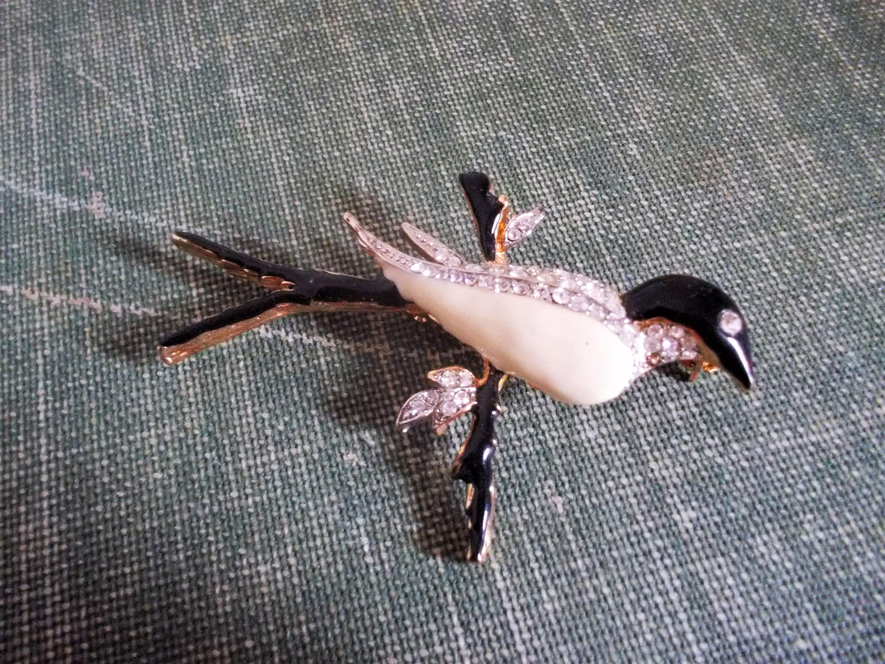 Vintage Gold Black and White Enameled Rhinestone Sparrow Pin | Etsy