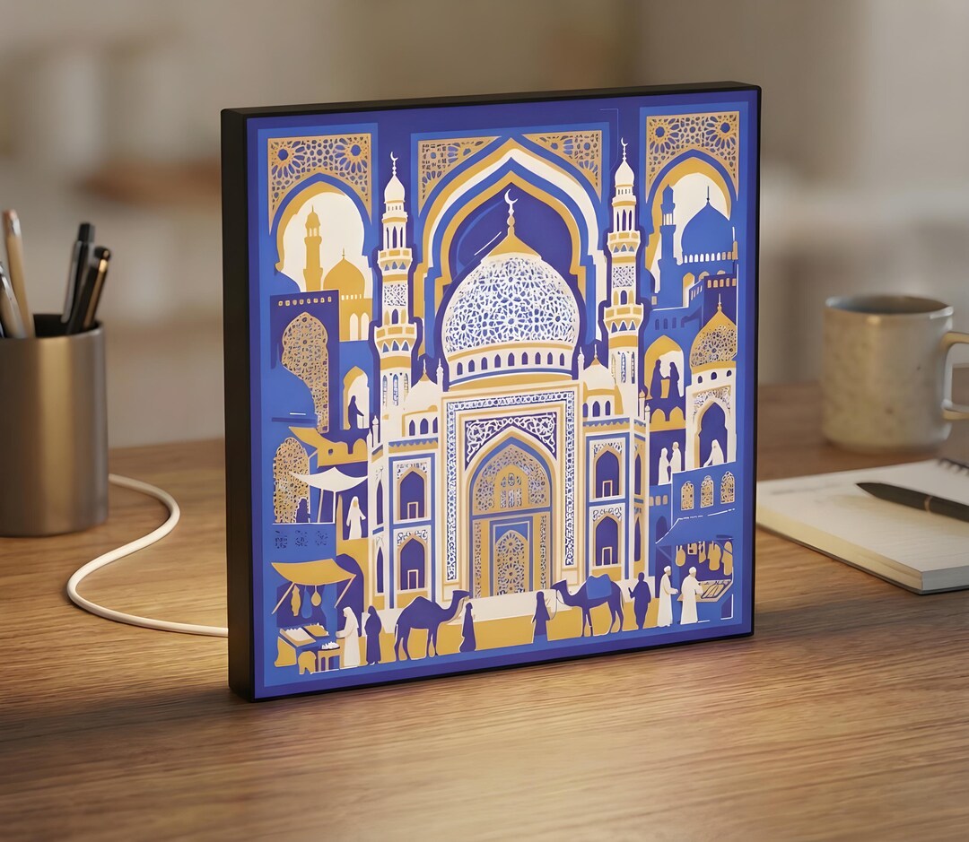 Islamic Art Mosque Lightbox | Blue and Gold 3D Printed LED Lamp ...