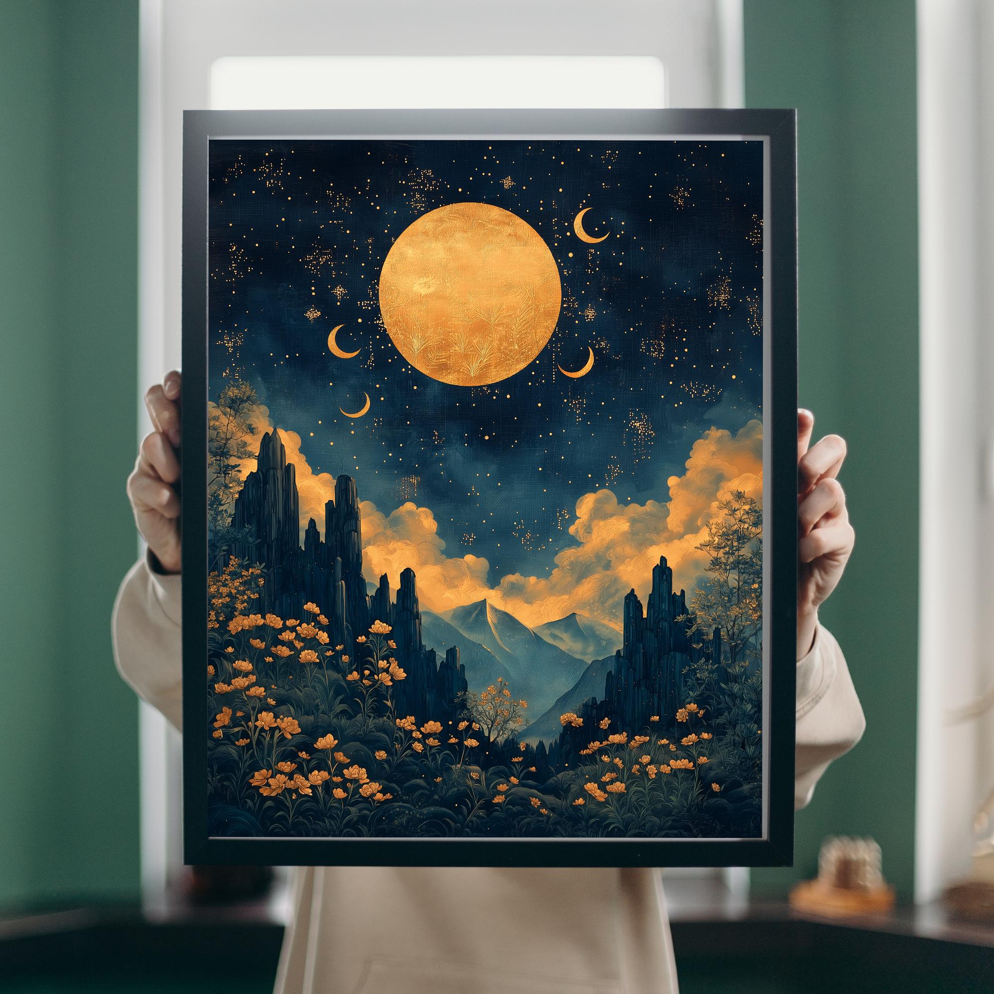 Mystical Moon Over Celestial Mountains – Cosmic Night Garden Wall Art ...