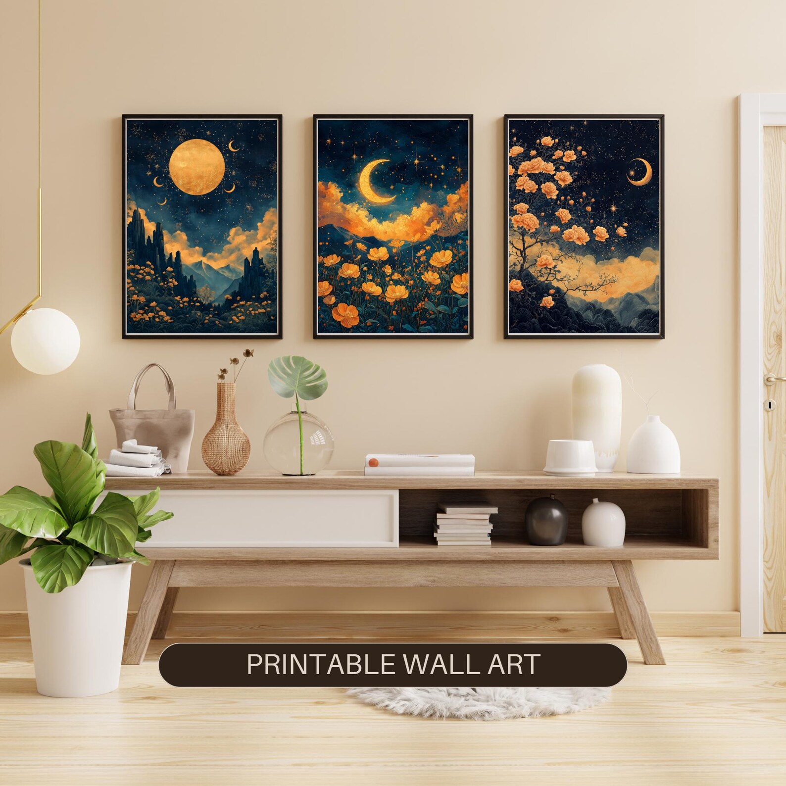 Mystical Moon Over Celestial Mountains – Cosmic Night Garden Wall Art ...
