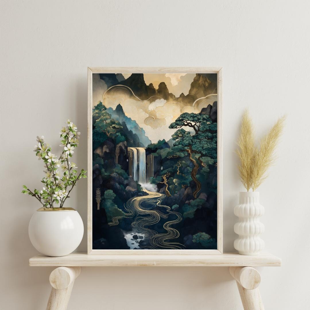 Mystical Waterfall Art Print - Japanese Inspired Nature Wall Art - Etsy
