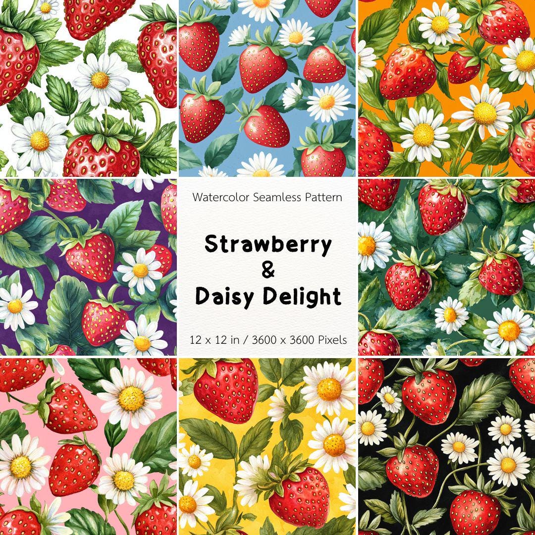 Strawberry & Daisy Delight Seamless Pattern | Watercolor Floral Digital ...