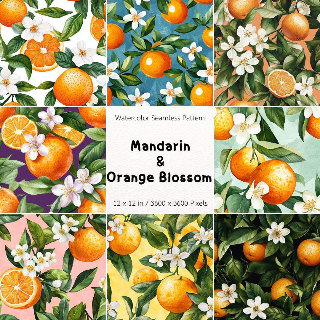 Mandarin & Orange Blossom Seamless Pattern | Watercolor Floral Digital ...