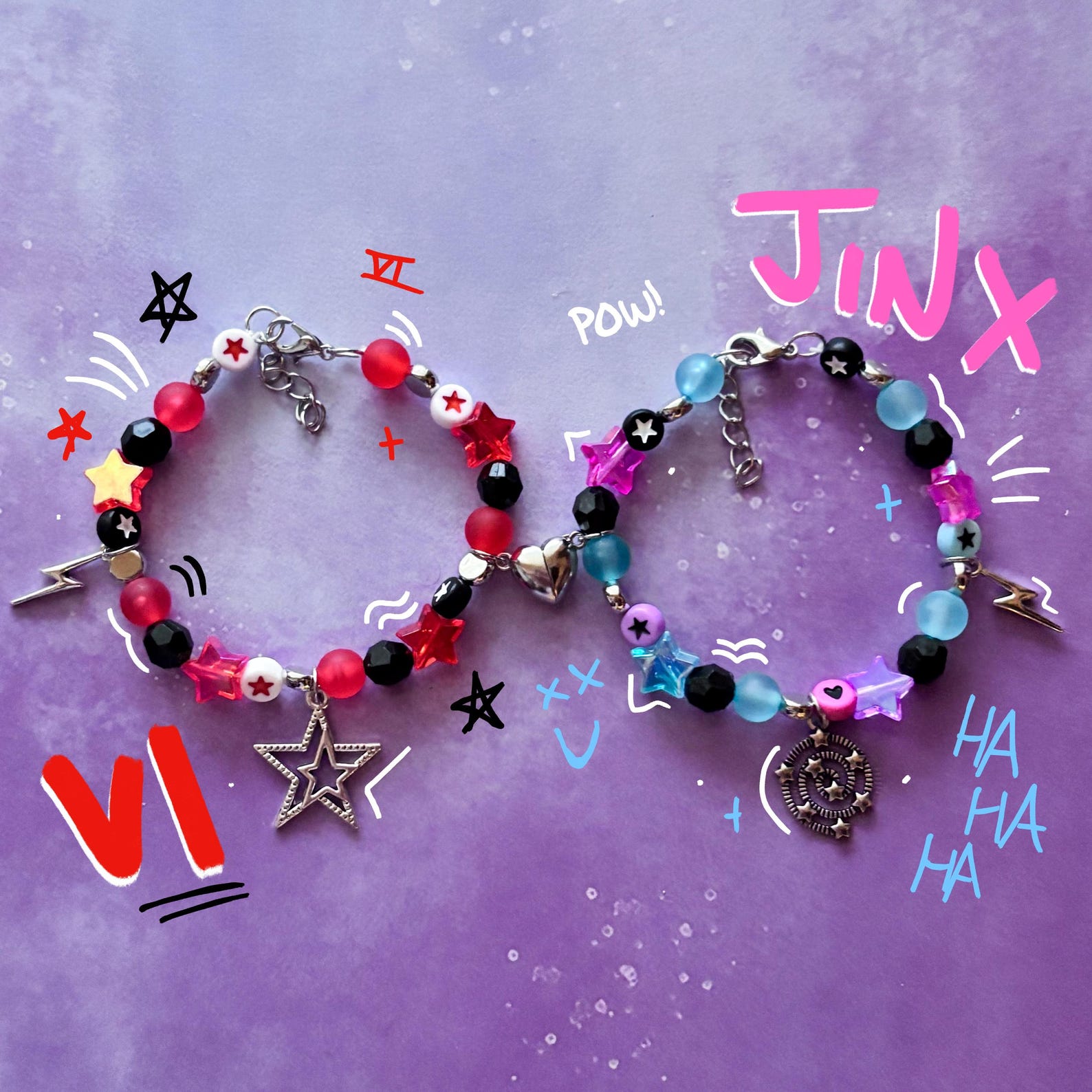 Jinx and Vi Inspired Matching Beaded Charm Bracelets Gamer Best Friends ...