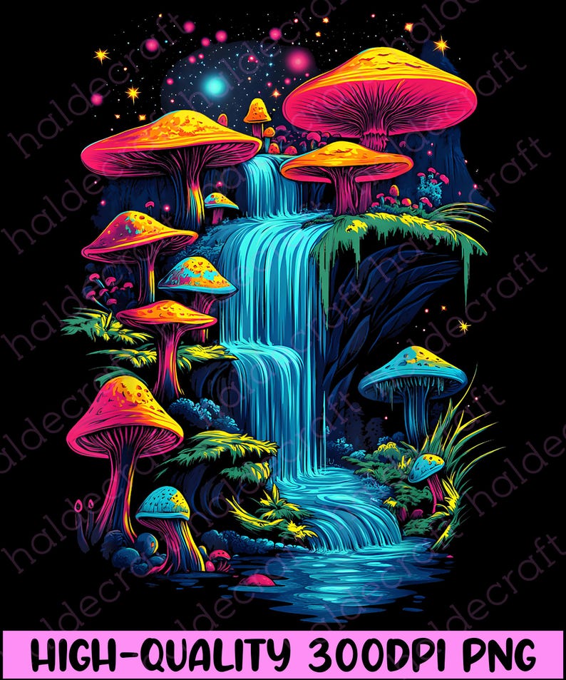 Psychedelic Mushroom Waterfall PNG - Glowing Fantasy Forest Art ...