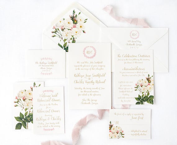 White Rose Wedding Invitation with White Rose Envelope Liners and Blush ...