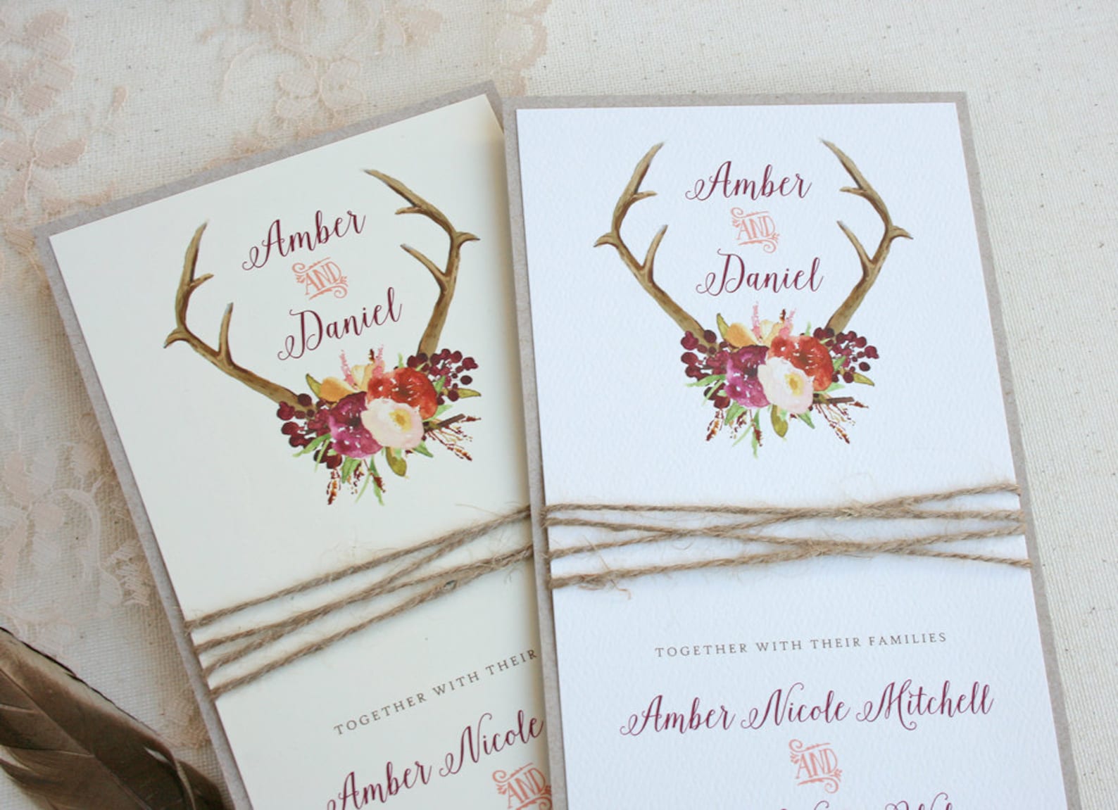 Rustic Antler Wedding Invitation Suite With Twine Wrap - Marsala ...