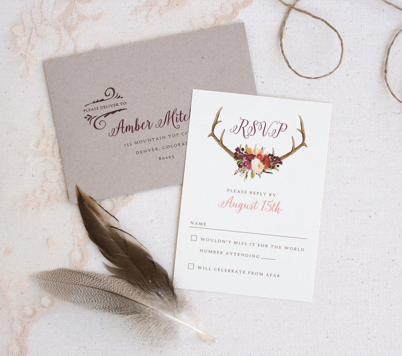 Rustic Antler Wedding Invitation Suite With Twine Wrap - Marsala ...