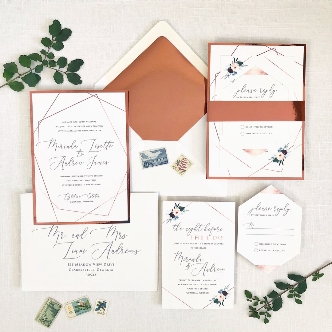 Copper Geometric Wedding Invitation Set Sample - Geometric Copper ...