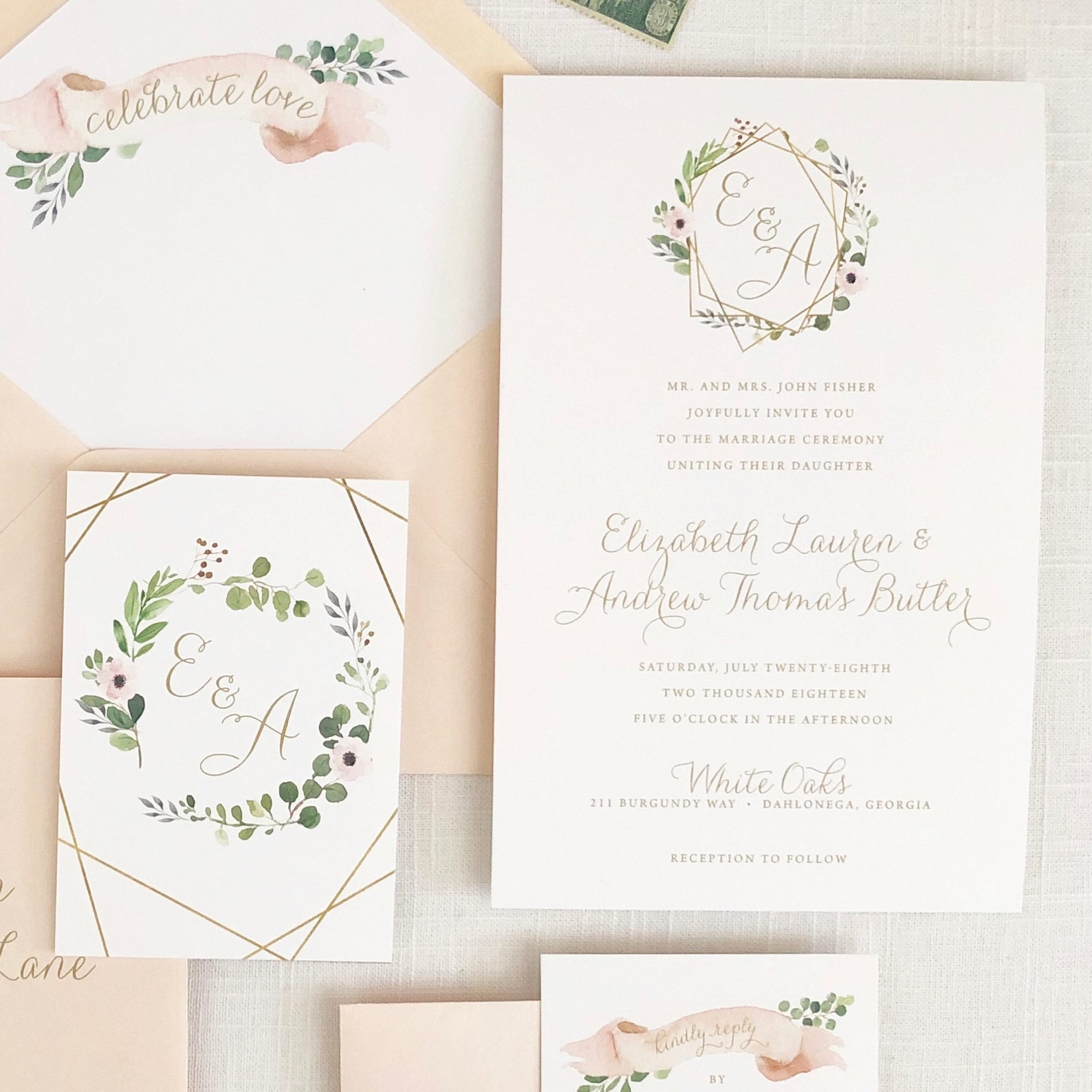 Geometric Floral Wedding Invitation Blush Watercolor | Etsy
