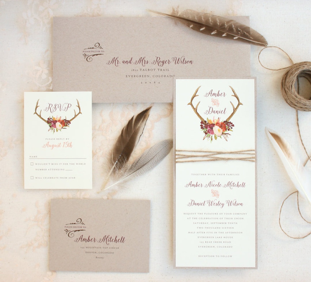 Rustic Antler Wedding Invitation Suite With Twine Wrap - Marsala ...