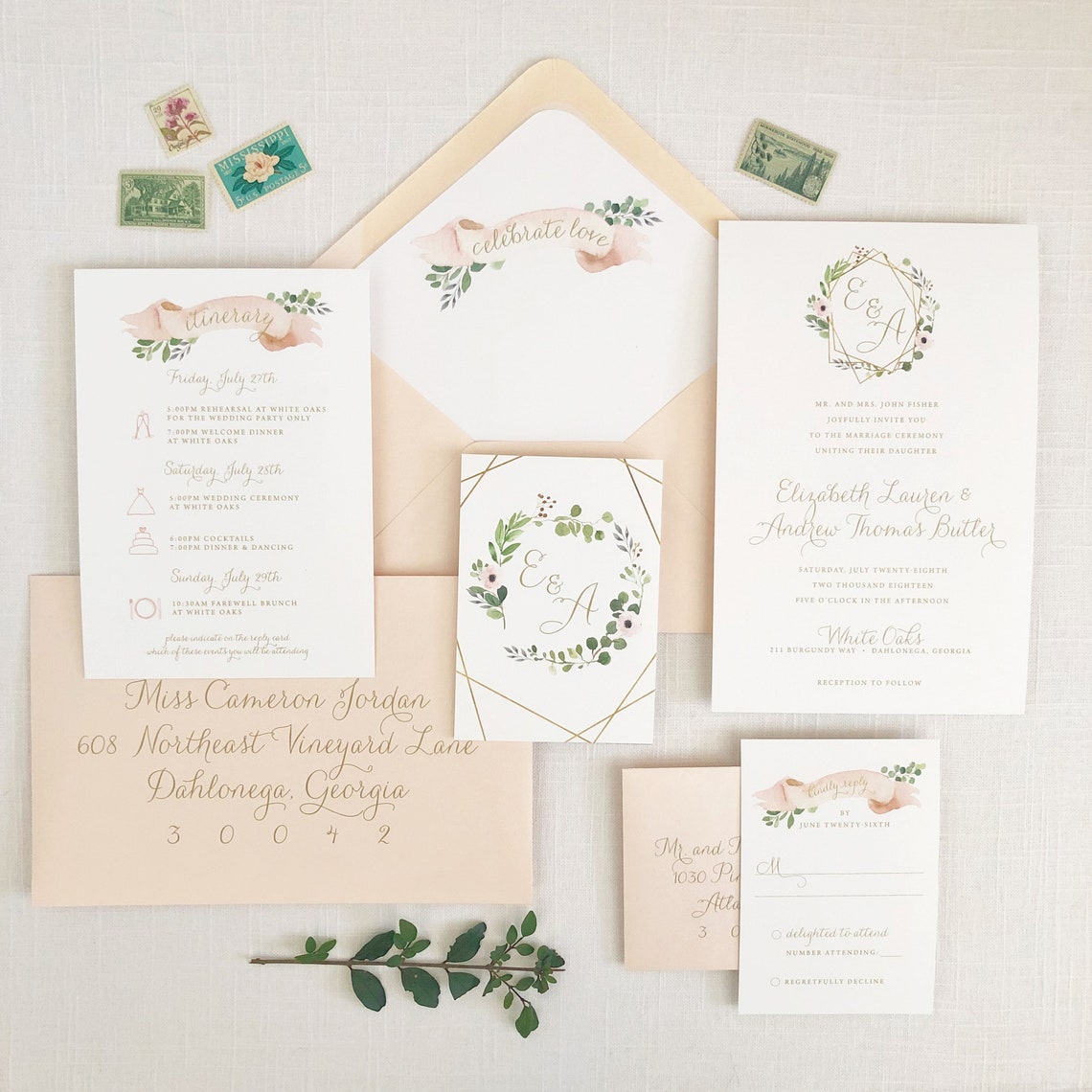 Geometric Floral Wedding Invitation Blush Watercolor | Etsy