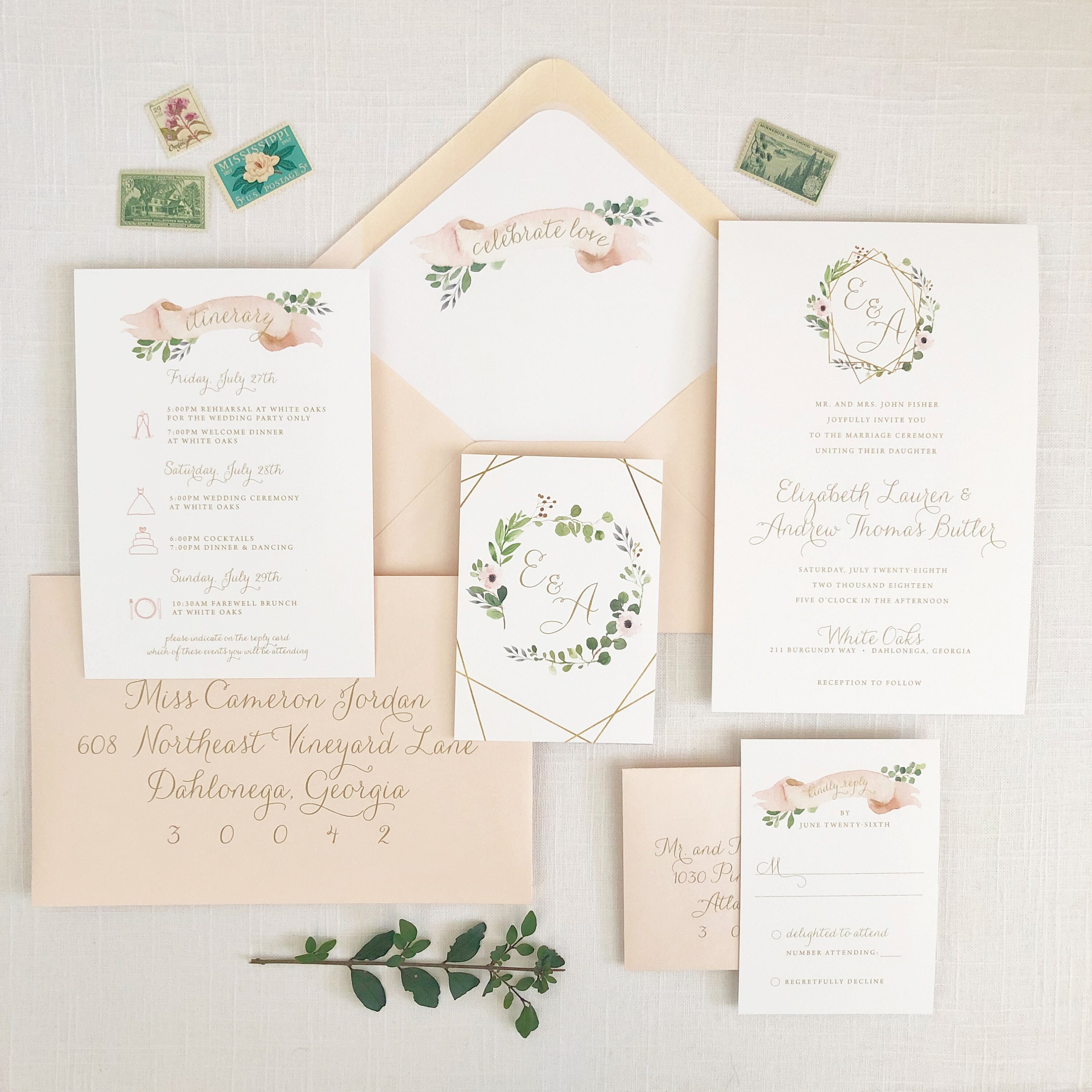 Geometric Floral Wedding Invitation Blush Watercolor | Etsy