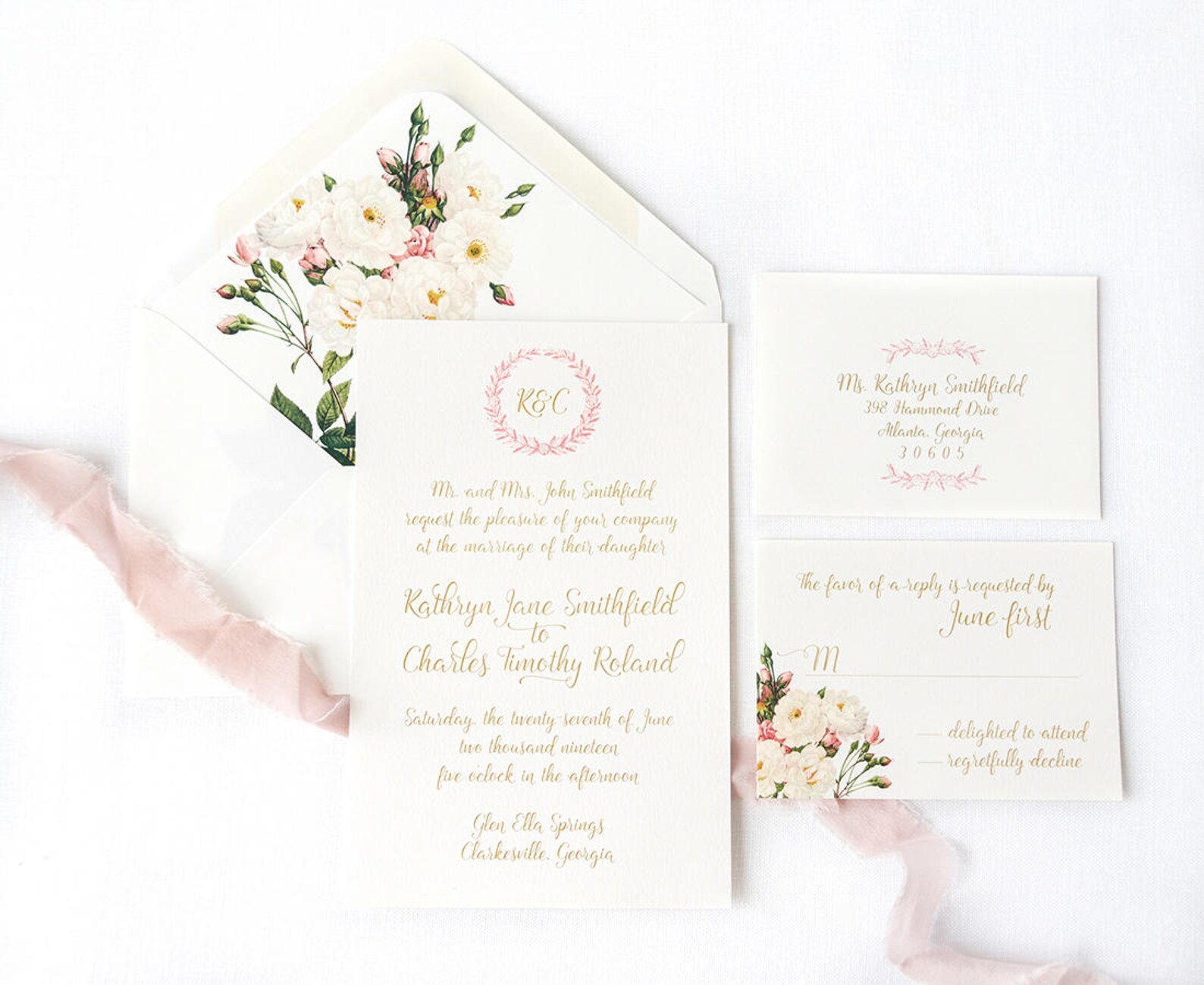 White Rose Wedding Invitation With White Rose Envelope Liners | Etsy