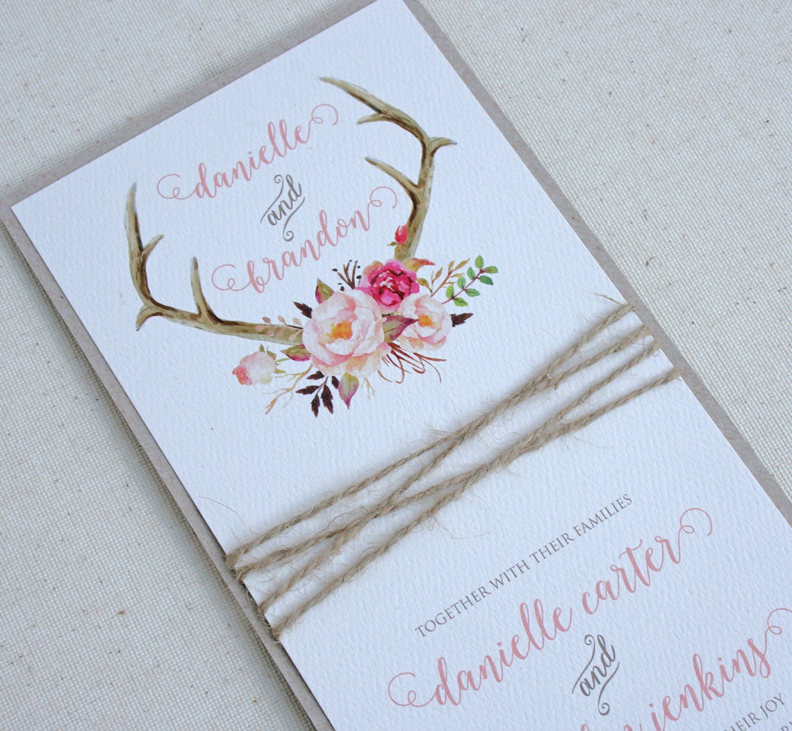 Rustic Wedding Antler Invitation Suite With Twine Wrap - Blush Floral ...