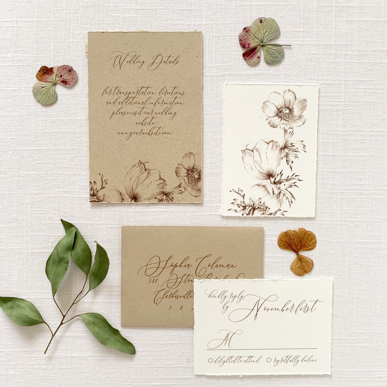 Autumn Script Wedding Invitation With Daisy Floral Envelope - Etsy