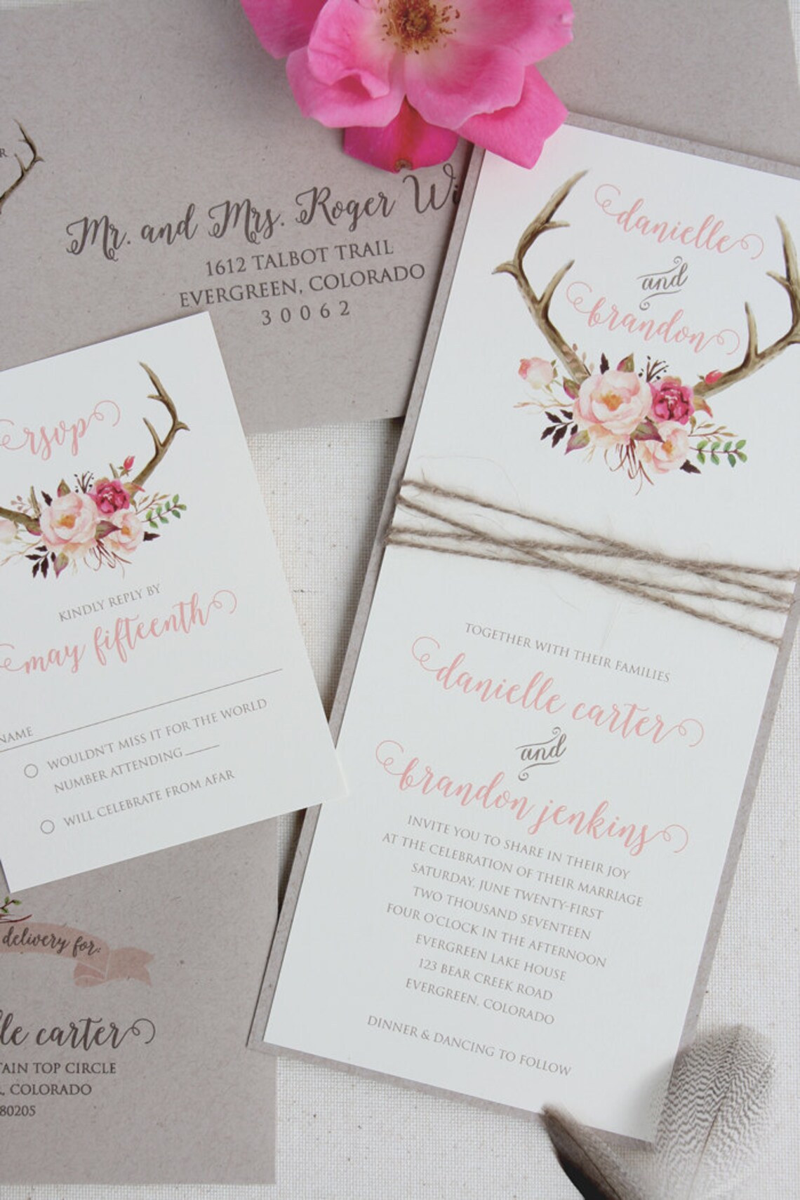 Rustic Wedding Antler Invitation Suite With Twine Wrap - Blush Floral ...