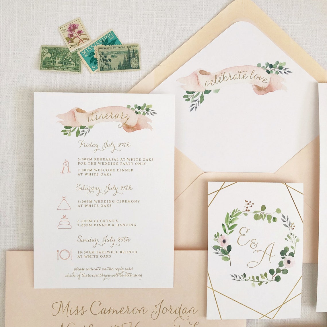 Geometric Floral Wedding Invitation Blush Watercolor | Etsy