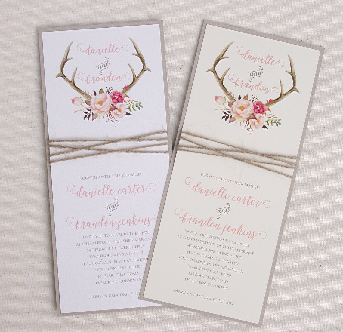 Rustic Wedding Antler Invitation Suite With Twine Wrap - Blush Floral ...