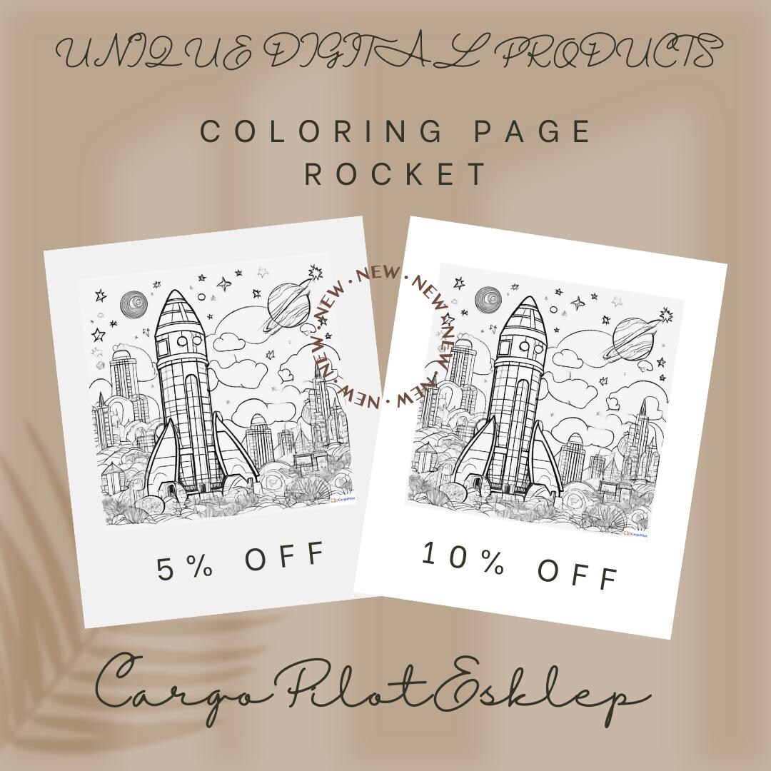 Space Rocket Coloring Page, Digital Drawing in Digital File for ...