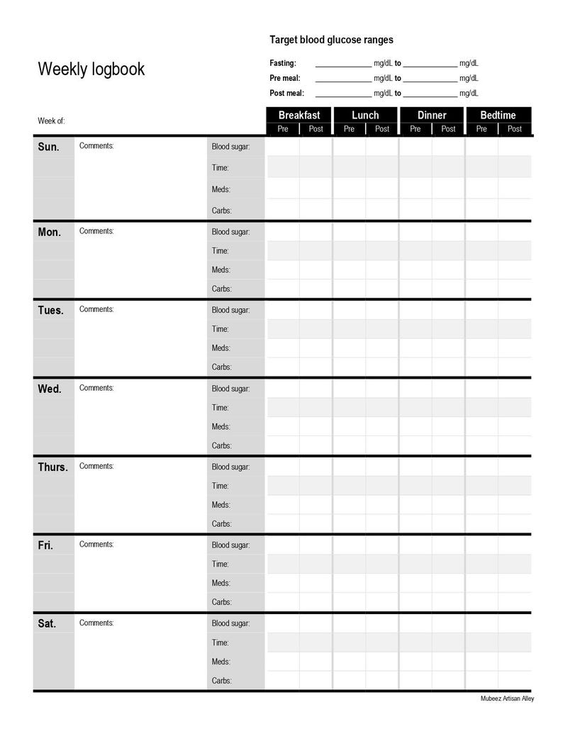 Weekly Blood Sugar Log | Printable Diabetes Tracker | Glucose ...