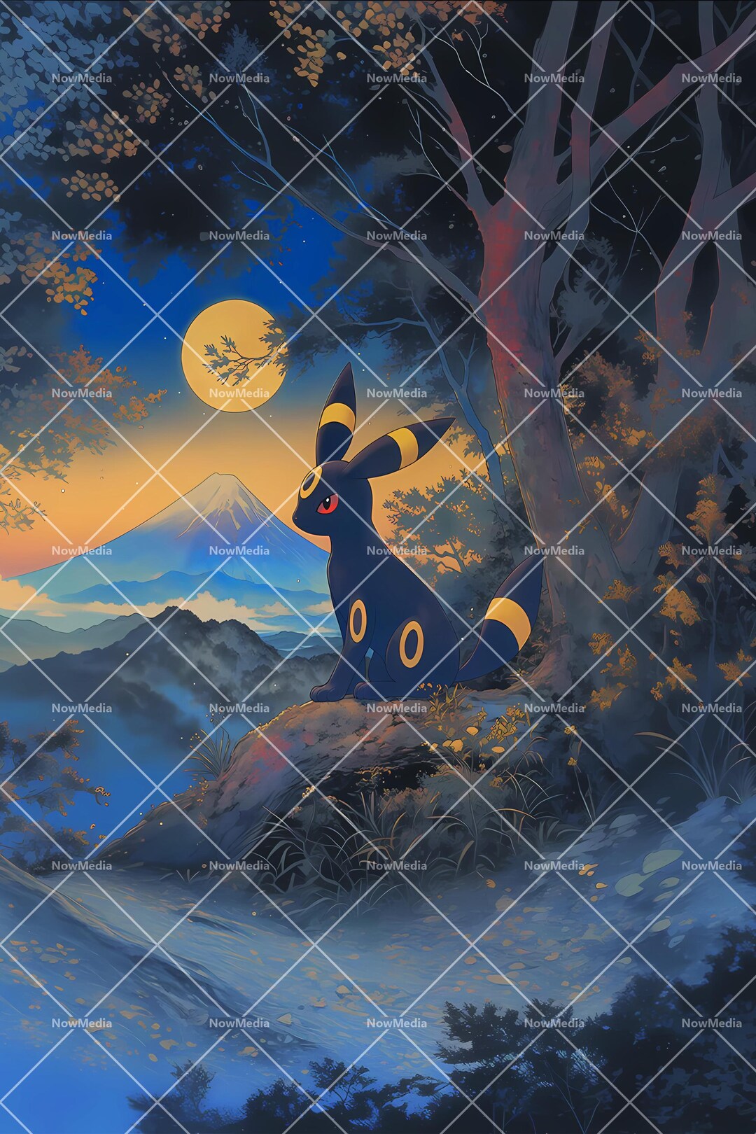 Umbreon, Pokemon Poster, Japanese Tapestry Style, Mount Fuji Japan ...