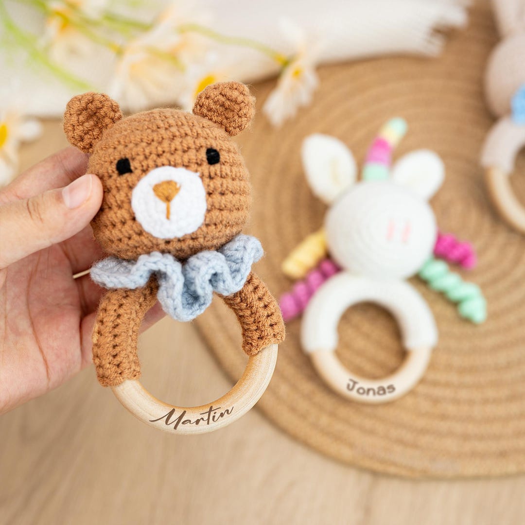 Rabbit Crochet Baby Rattle,personalized Crochet Baby Rattle,wooden ...