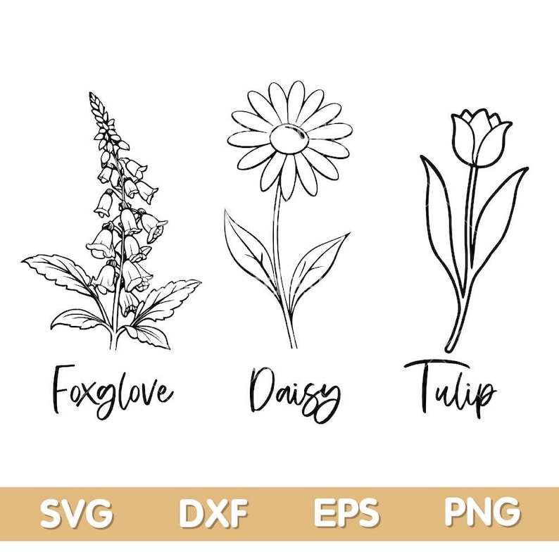 Foxglove Daisy Tulip Svg, Subtle FDT Silhouette Svg Png, Subtle Flower ...