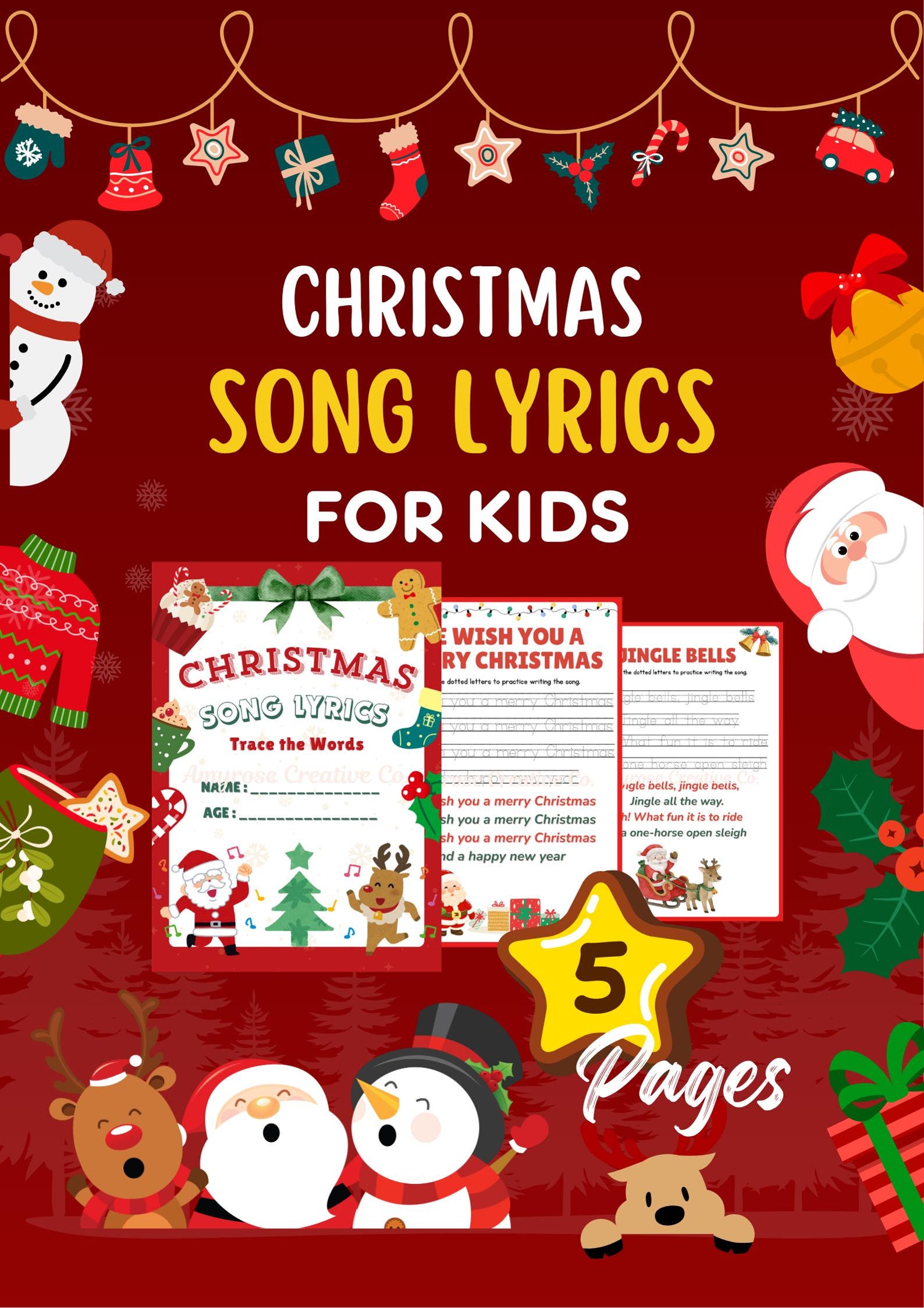 5 Pages Christmas Song Lyrics for Kids (printable) - Etsy