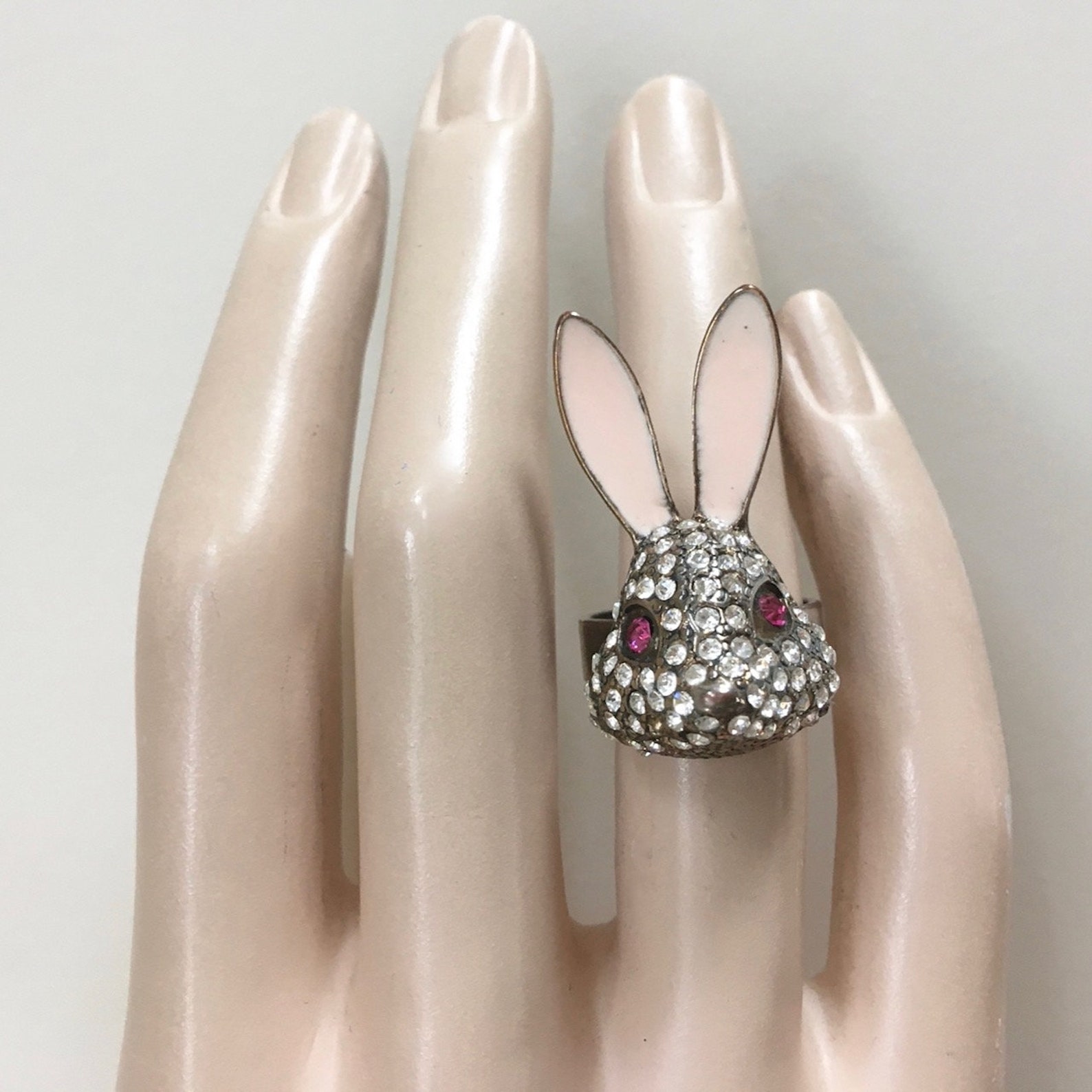 Crystal Rhinestone Pink Enamel Rabbit Ring Novelty Jeweled - Etsy