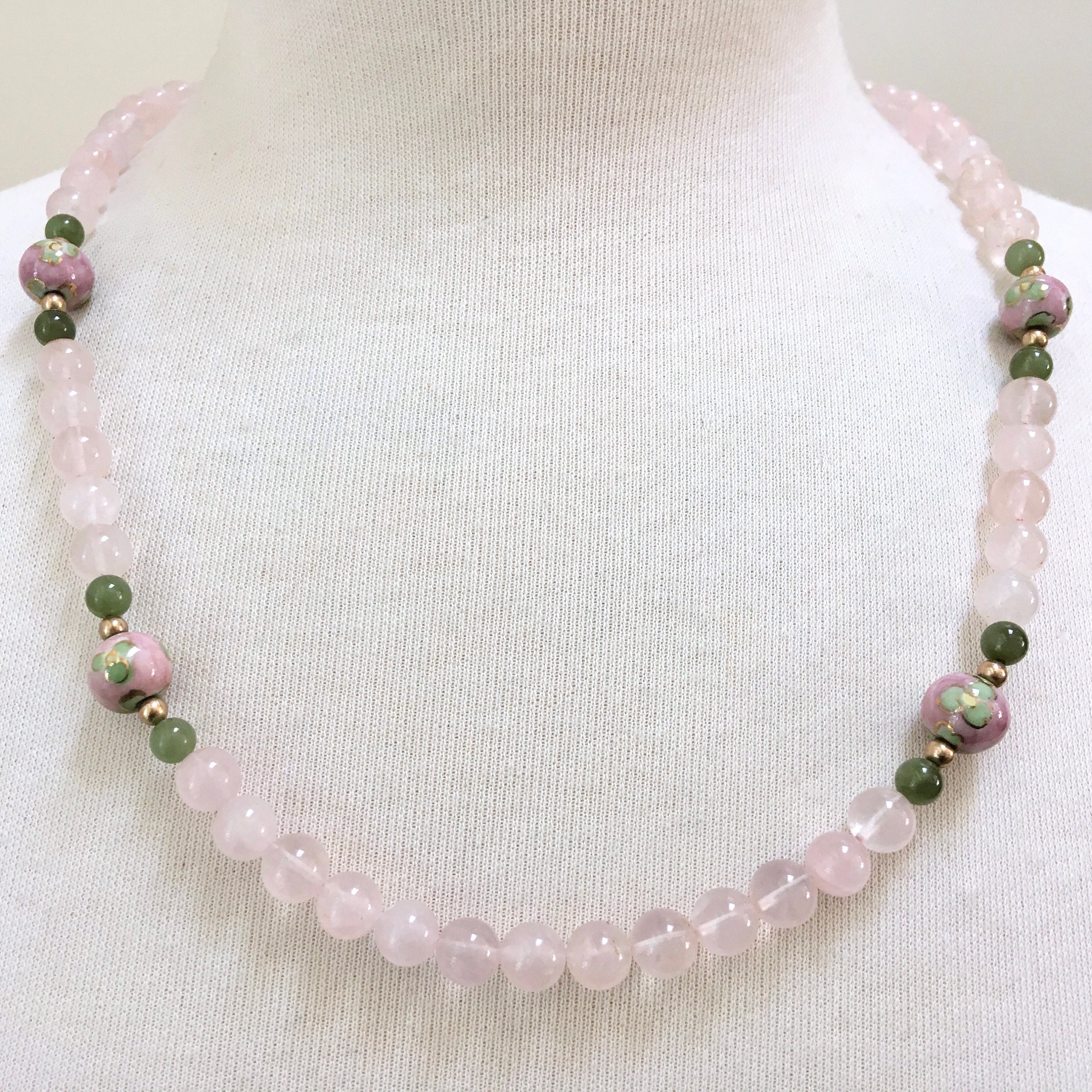 Rose Quartz Jade Bead Necklace Natural Pink Stone & Hand Painted ...