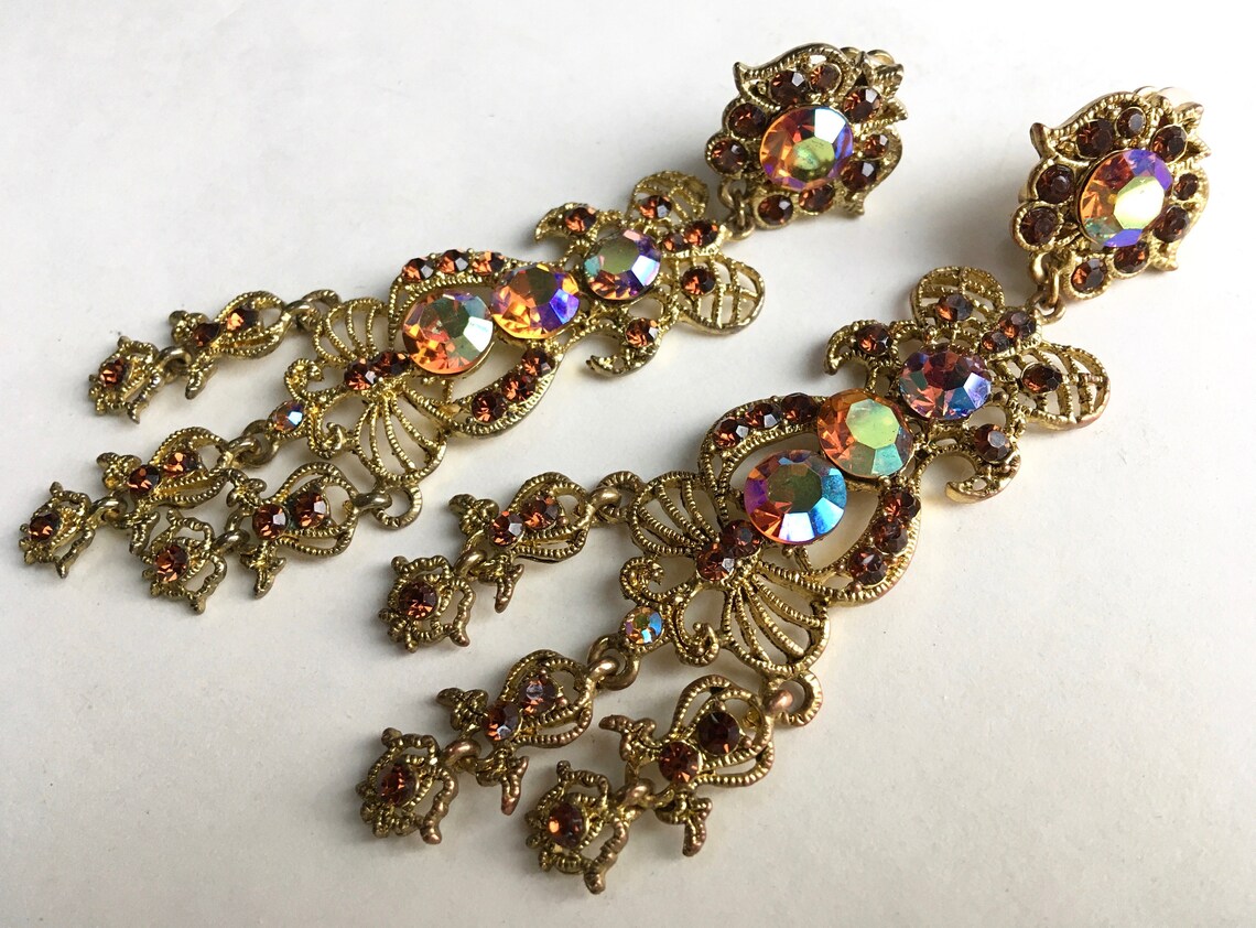 Chandelier Earrings Long Filigree AB Crystal Dangles Large - Etsy