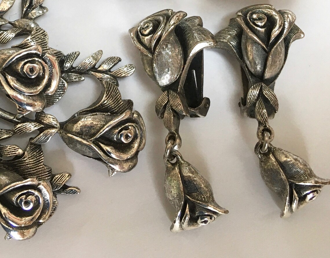 Tortolani Roses Parure Silver Tone Pewter Rose Jewelry - Etsy