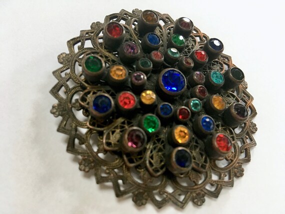 Czech Multi Color Rhinestone Filigree Brooch – Big La… - Gem