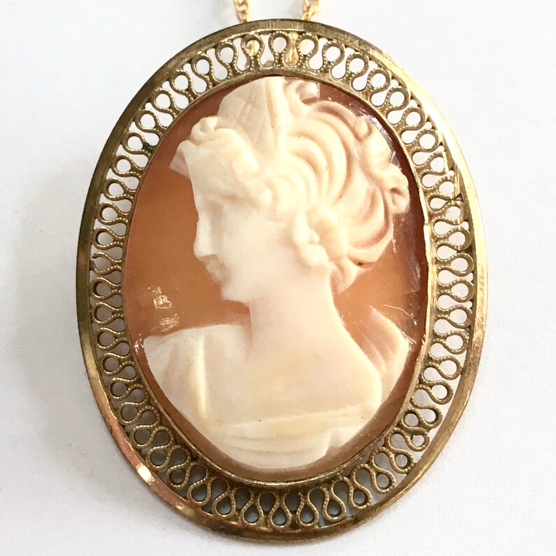 Winard Gold Filled Cameo Pendant Brooch Left Facing Carved Lady Profile Shell Filigree & Chain ...
