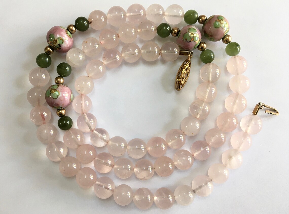 Rose Quartz Jade Bead Necklace Natural Pink Stone & Hand Painted ...