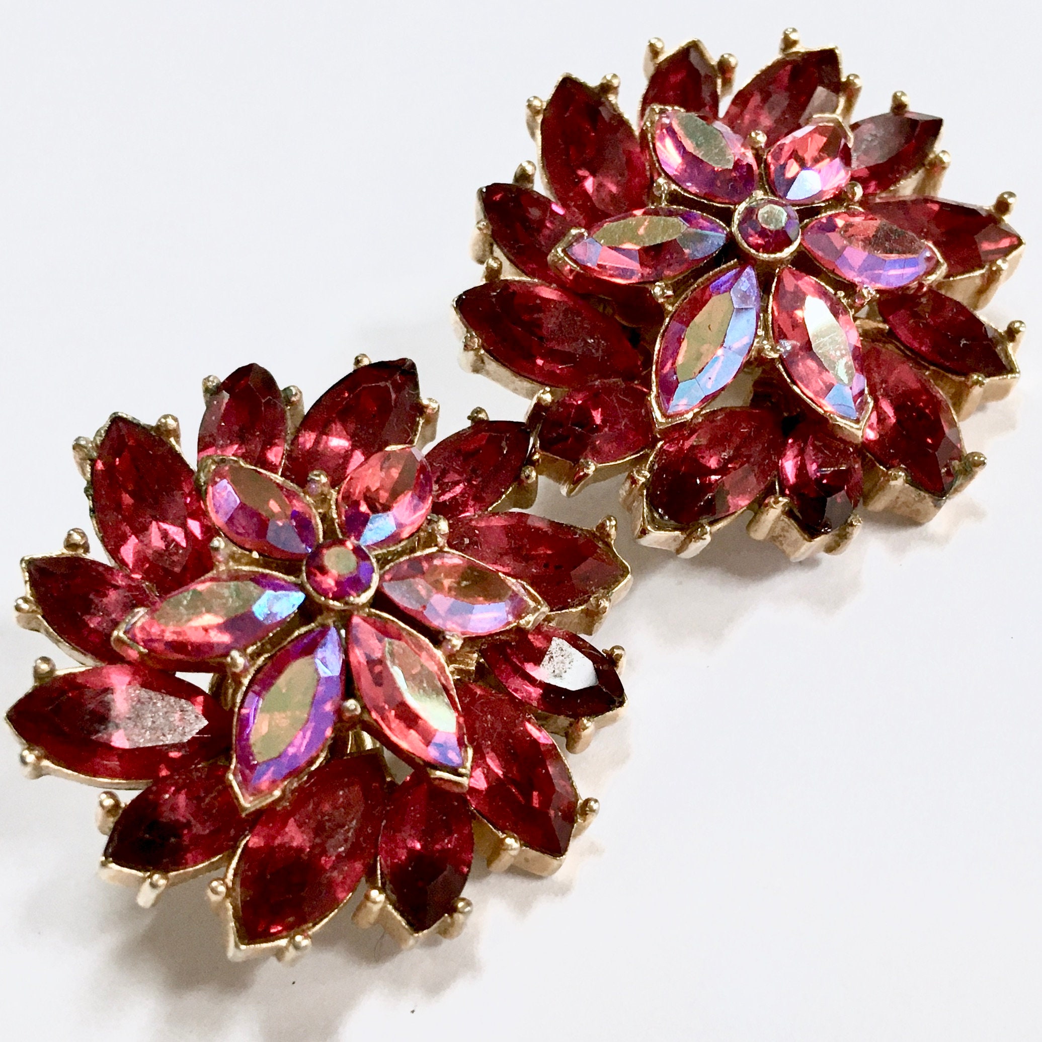 Fuchsia Crown Trifari Ruby Red Rhinestone Clip on Earrings Layered ...