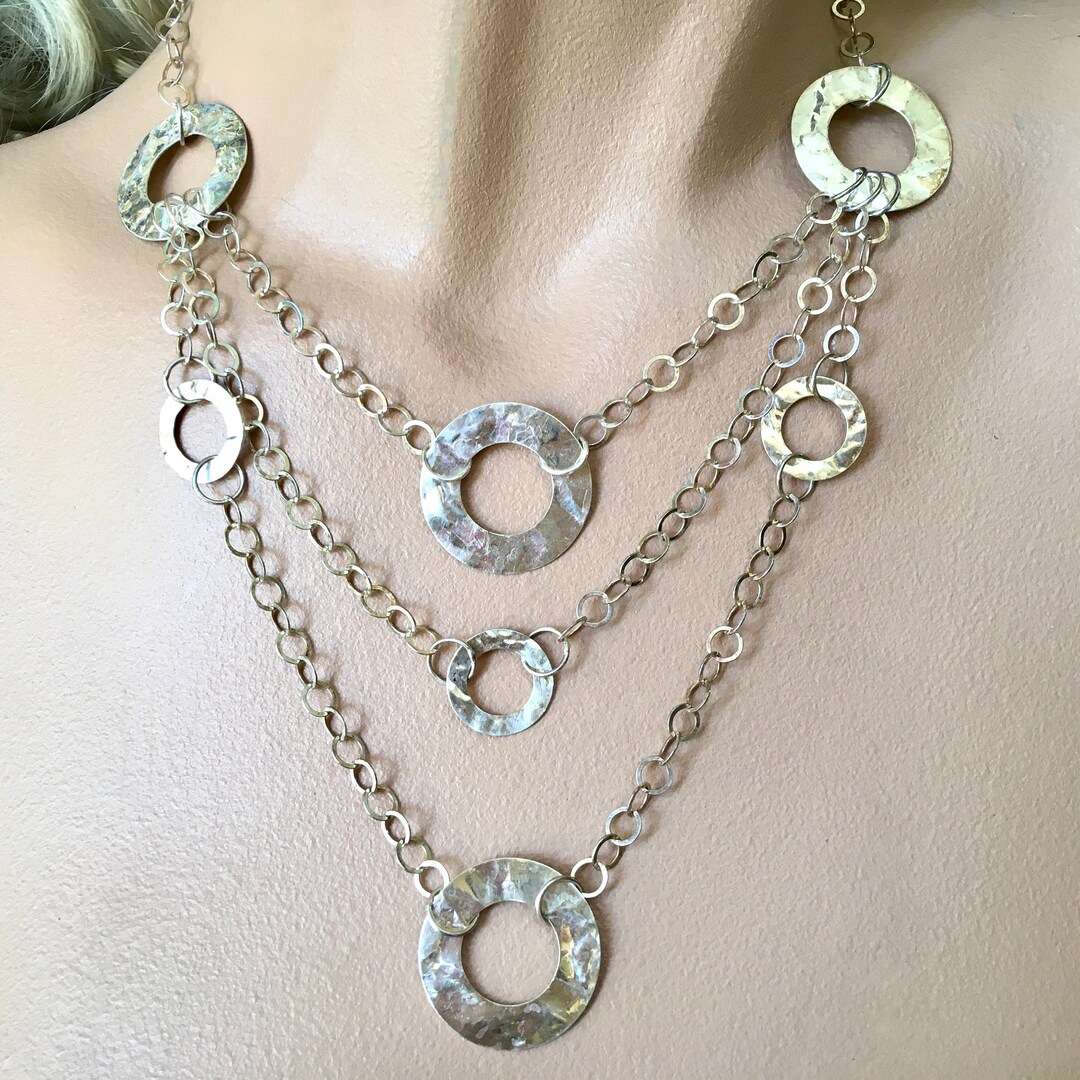 Sensational Hammered Rings Sterling Silver Necklace MOD Three Chains ...