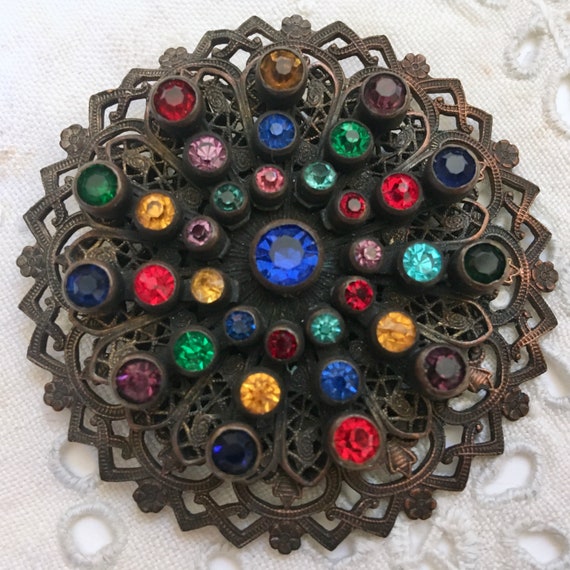 Czech Multi Color Rhinestone Filigree Brooch – Big La… - Gem