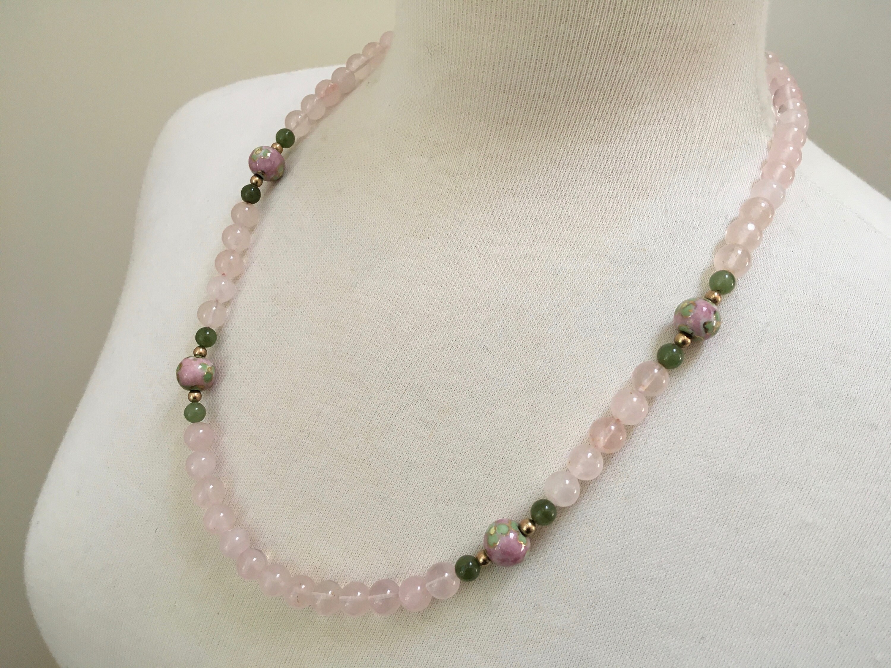 Rose Quartz Jade Bead Necklace Natural Pink Stone & Hand Painted ...