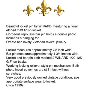 WINARD Gold Filled Locket Lapel Pin Floral Etched Double Photo 1/20 12K ...