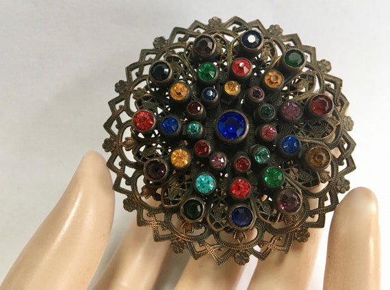 Czech Multi Color Rhinestone Filigree Brooch – Big La… - Gem