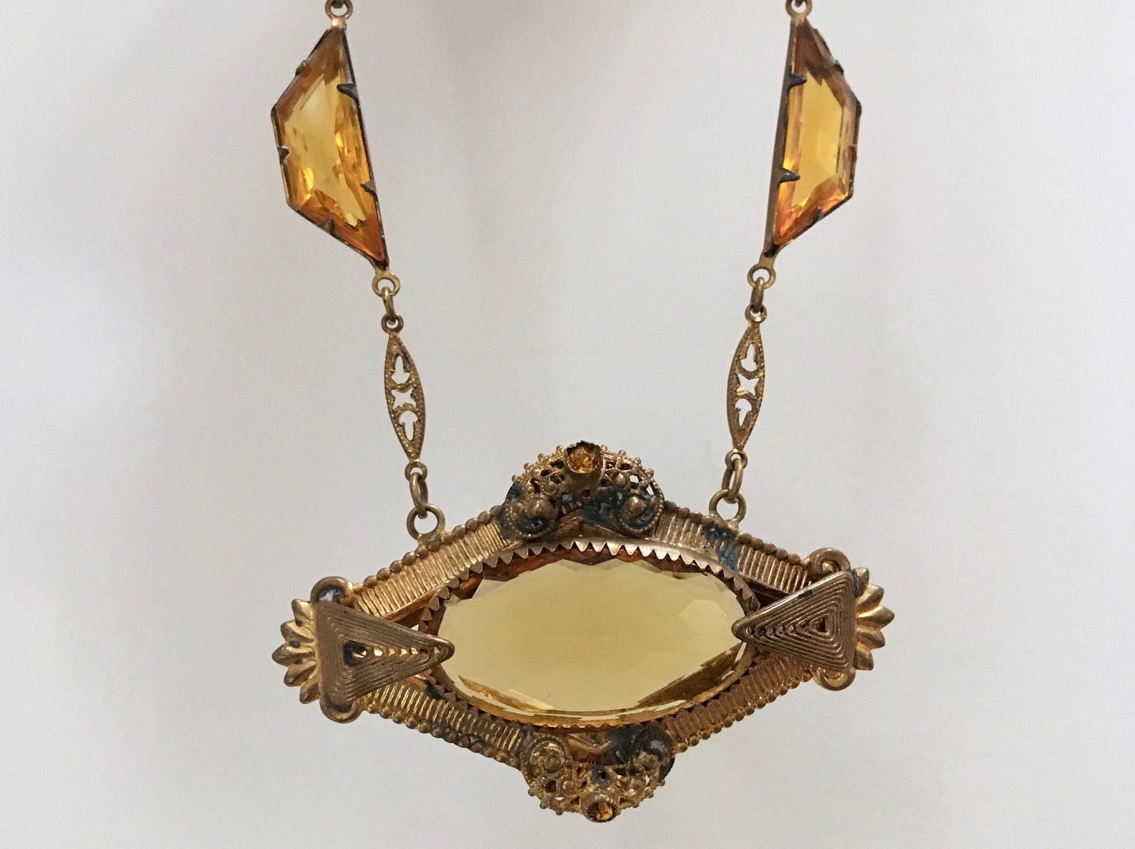 Vauxhall Glass Brass Czech Gilt Filigree Necklace Antique - Etsy