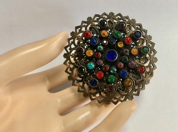 Czech Multi Color Rhinestone Filigree Brooch – Big La… - Gem